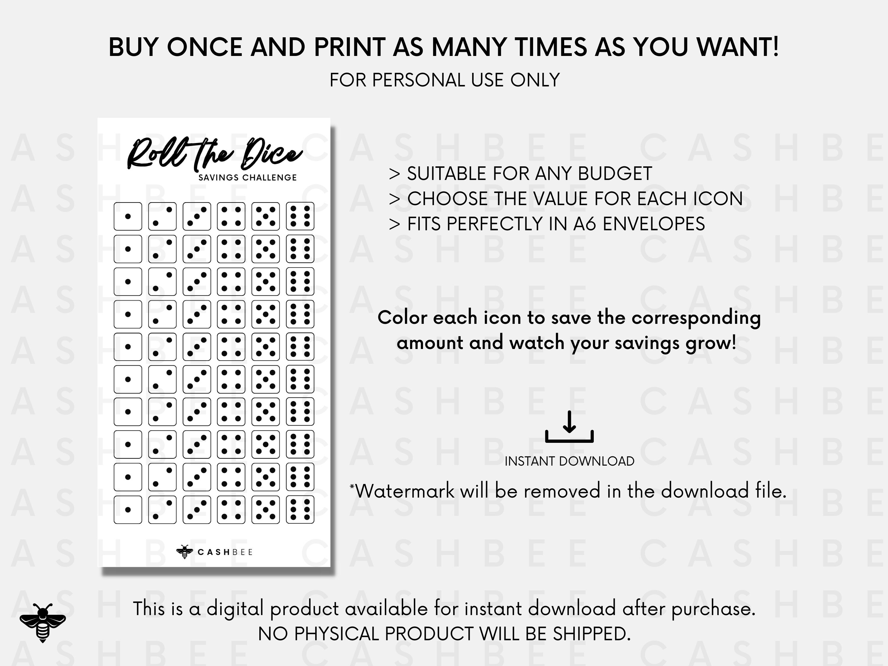 PRINTABLE Roll the Dice Savings Challenge | A6 Size | Instant Download ...
