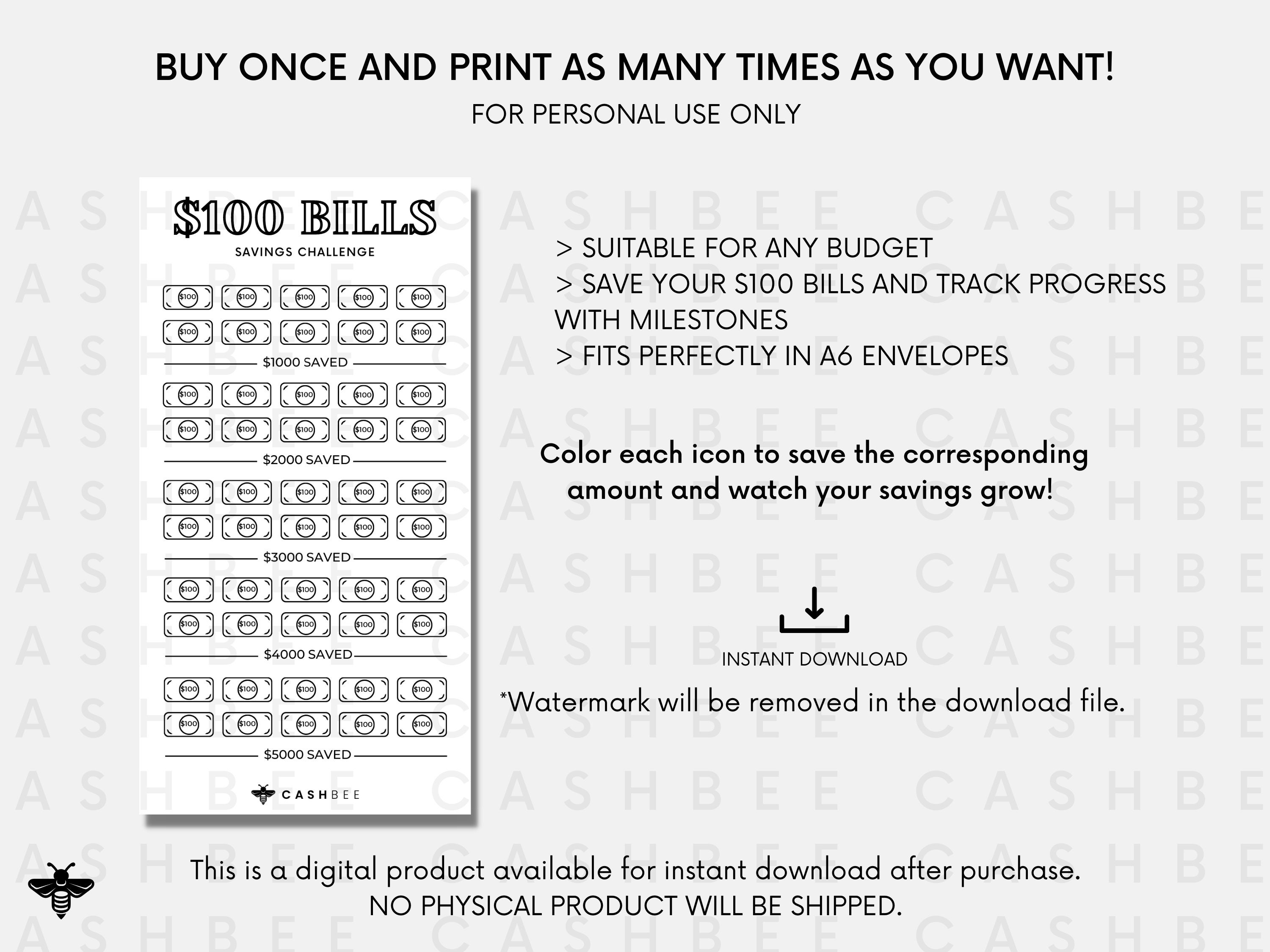 PRINTABLE 100 Dollar Bills Savings Challenge A6 Size Instant Download ...