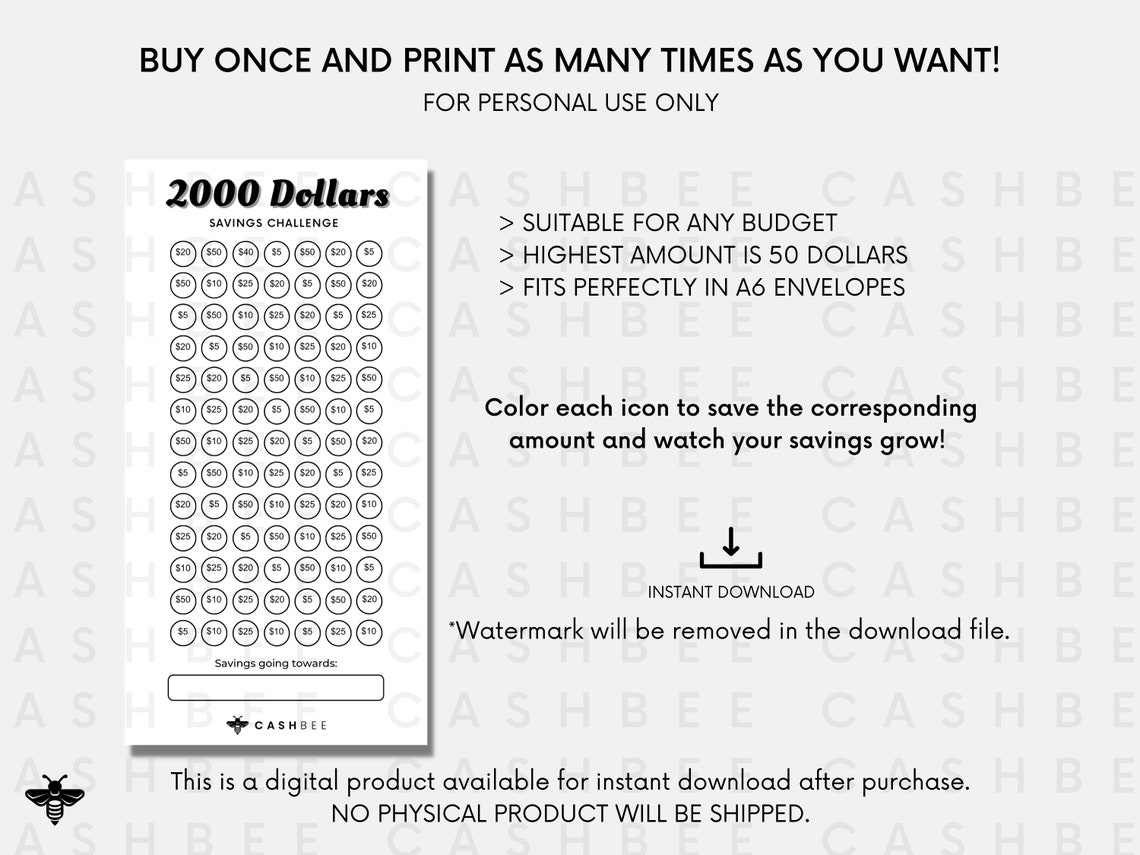 PRINTABLE 2000 Dollars Savings Challenge | A6 Size | Instant Download ...