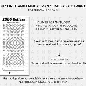 PRINTABLE 2000 Dollars Savings Challenge | A6 Size | Instant Download ...