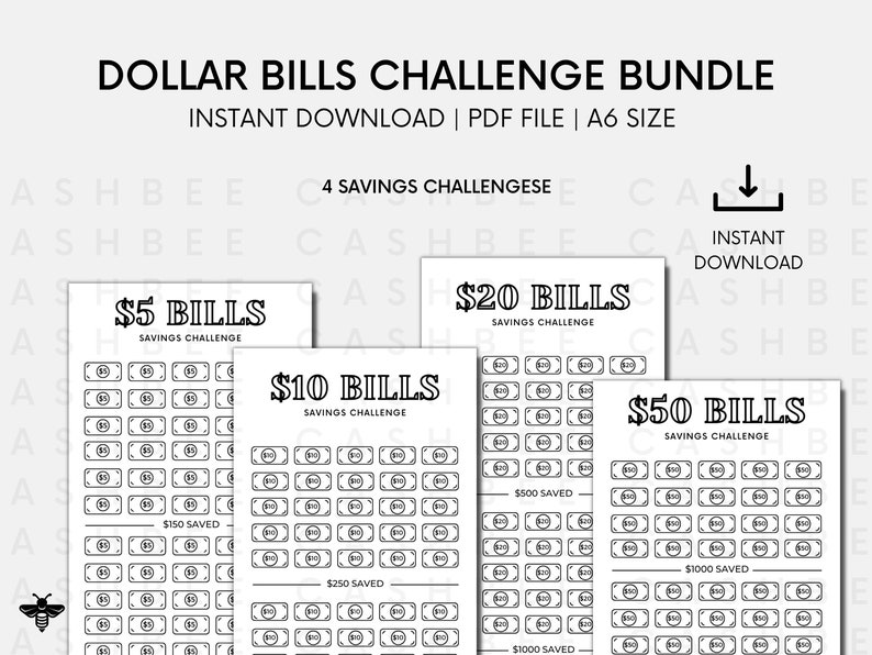 PRINTABLE Dollar Bills Savings Challenge Bundle 5 10 20 50 - Etsy