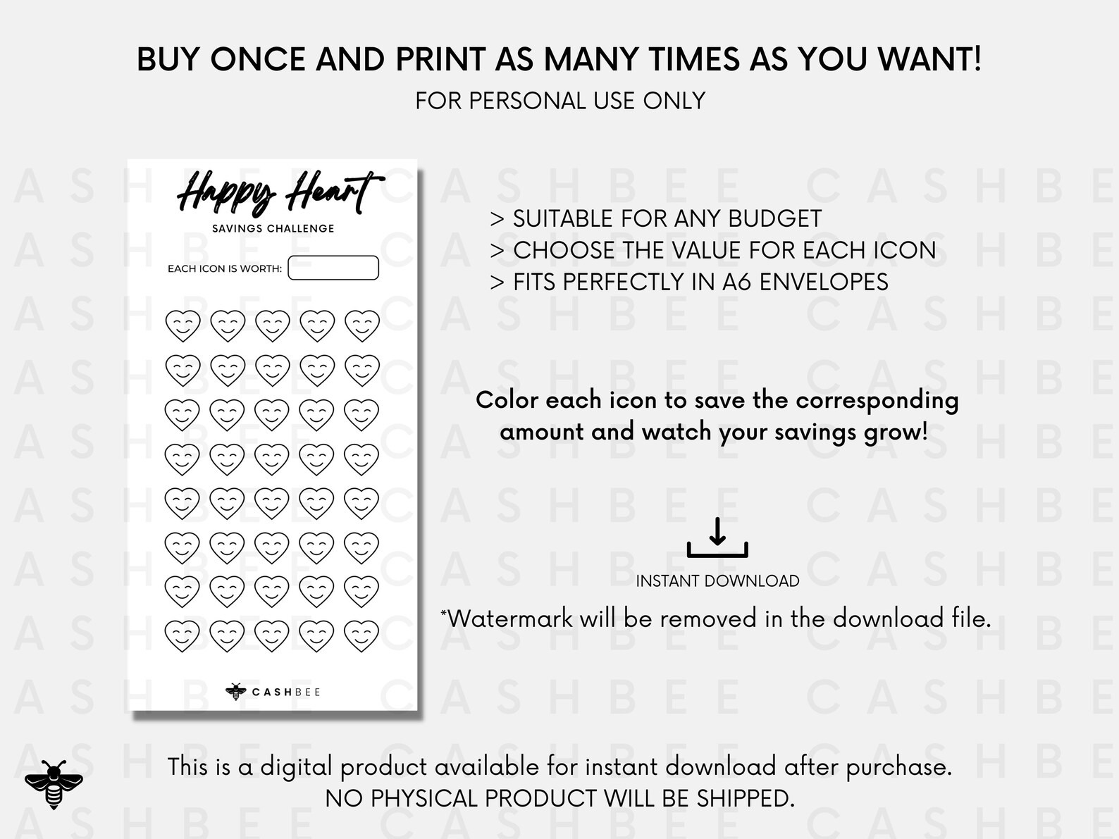 PRINTABLE Happy Heart Savings Challenge | A6 Size | Instant Download ...