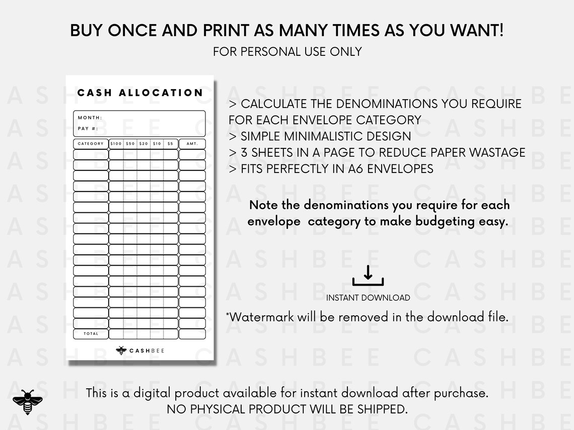 PRINTABLE Cash Allocation Sheets A6 Size Instant Download PDF File - Etsy