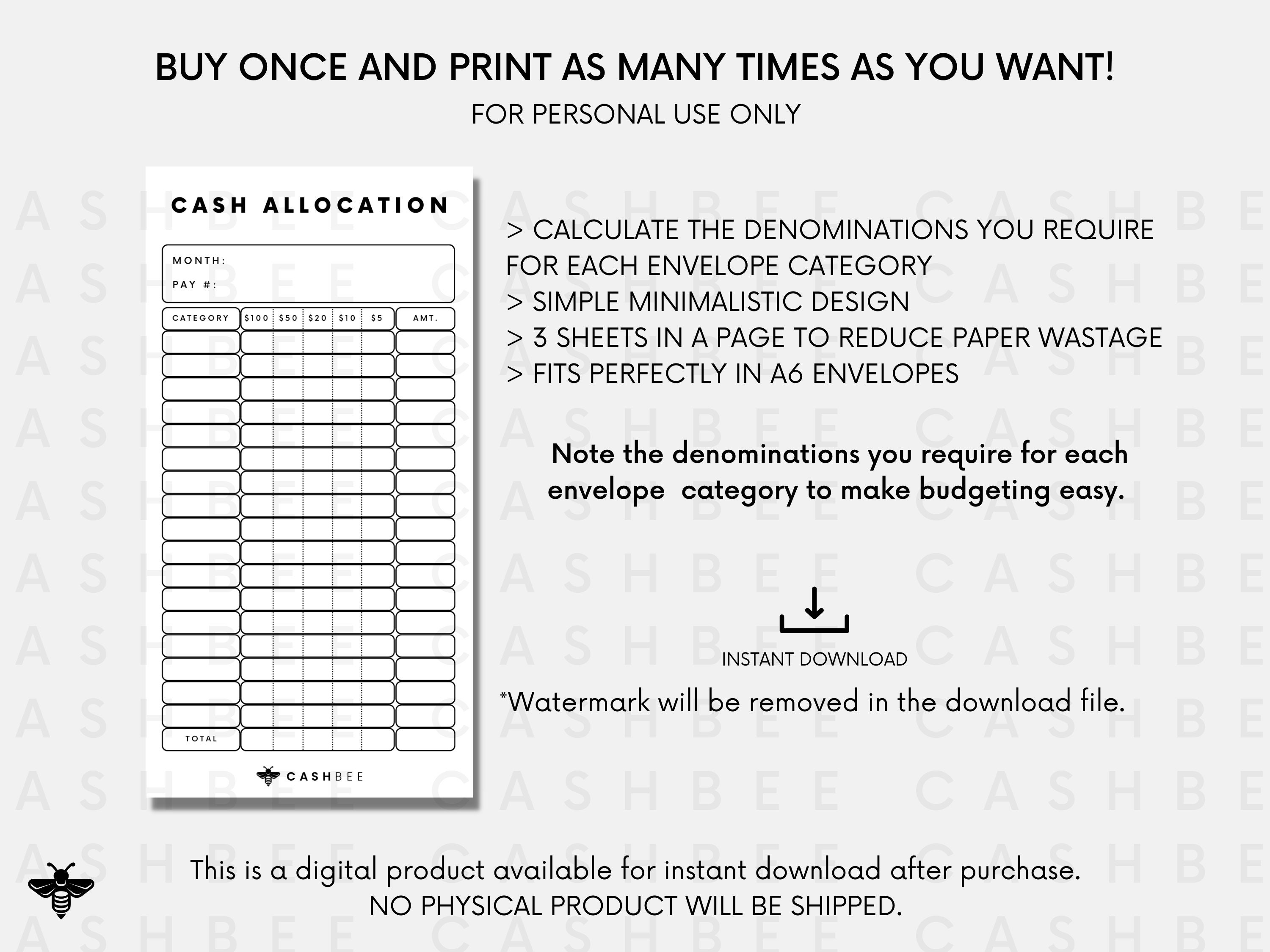 PRINTABLE Cash Allocation Sheets A6 Size Instant Download PDF File - Etsy