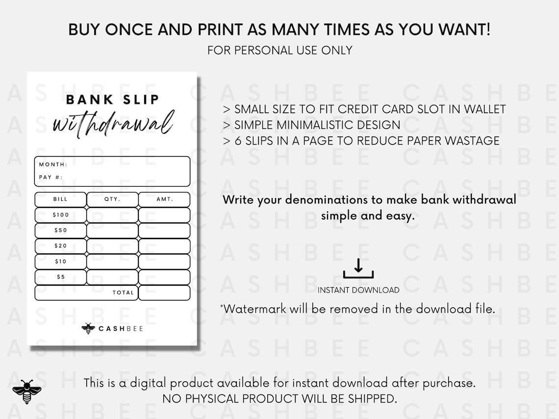 PRINTABLE Bank Withdrawal Slips | Wallet Size | Instant Download PDF ...