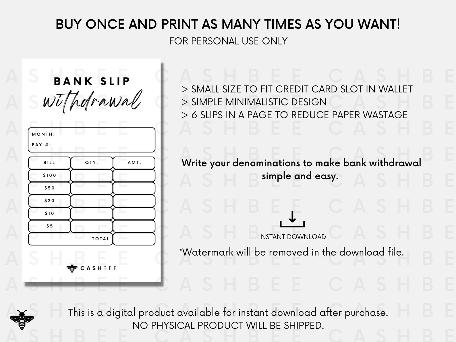 PRINTABLE Bank Withdrawal Slips | Wallet Size | Instant Download PDF ...