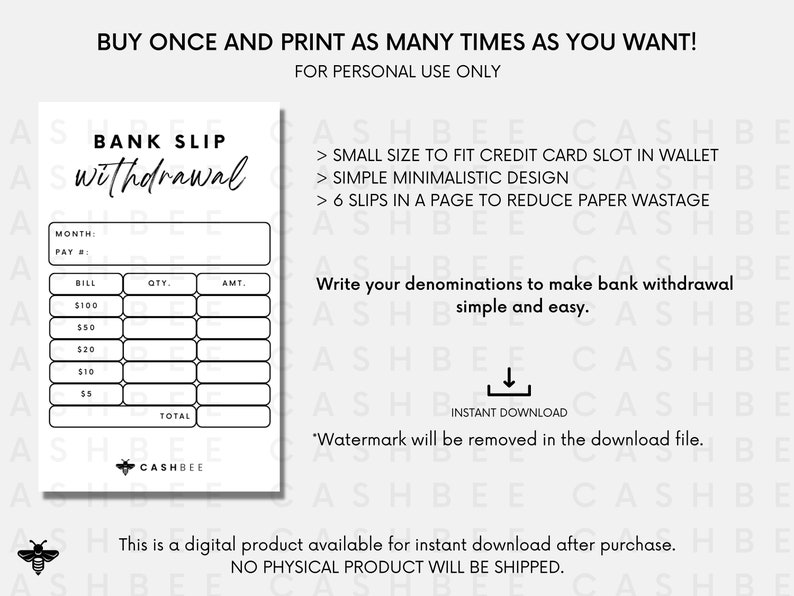 PRINTABLE Bank Withdrawal Slips | Wallet Size | Instant Download PDF ...