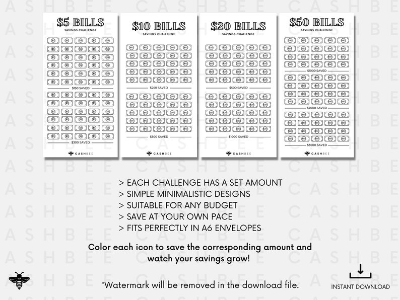 PRINTABLE Dollar Bills Savings Challenge Bundle 5 10 20 50 - Etsy