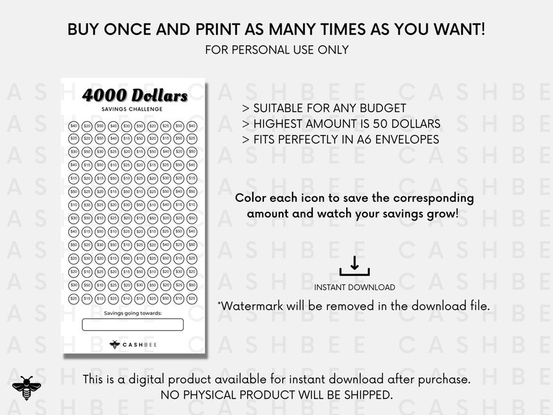PRINTABLE 4000 Dollars Savings Challenge | A6 Size | Instant Download ...