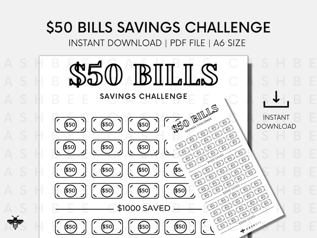 PRINTABLE 50 Dollar Bills Savings Challenge | A6 Size | Instant ...