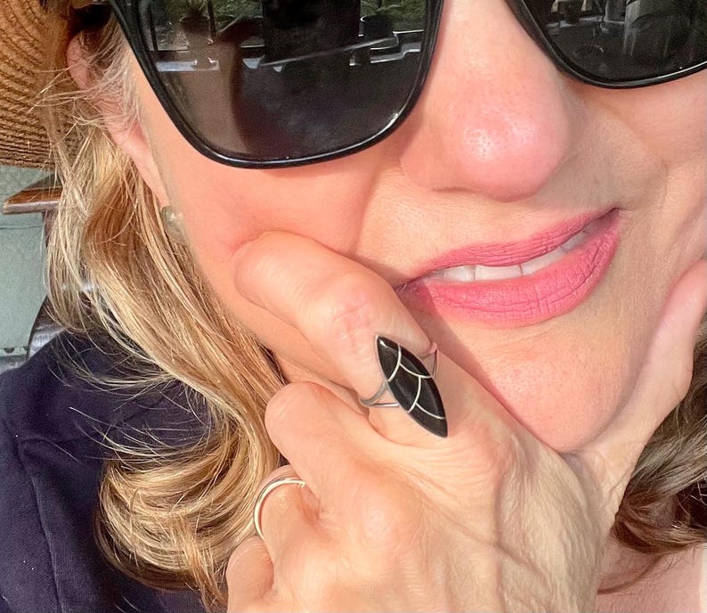 Marquis Ring Zuni Signed "a Teme" Onyx Sz 7 Shell Design Inlay Native American Sterling Silver ...