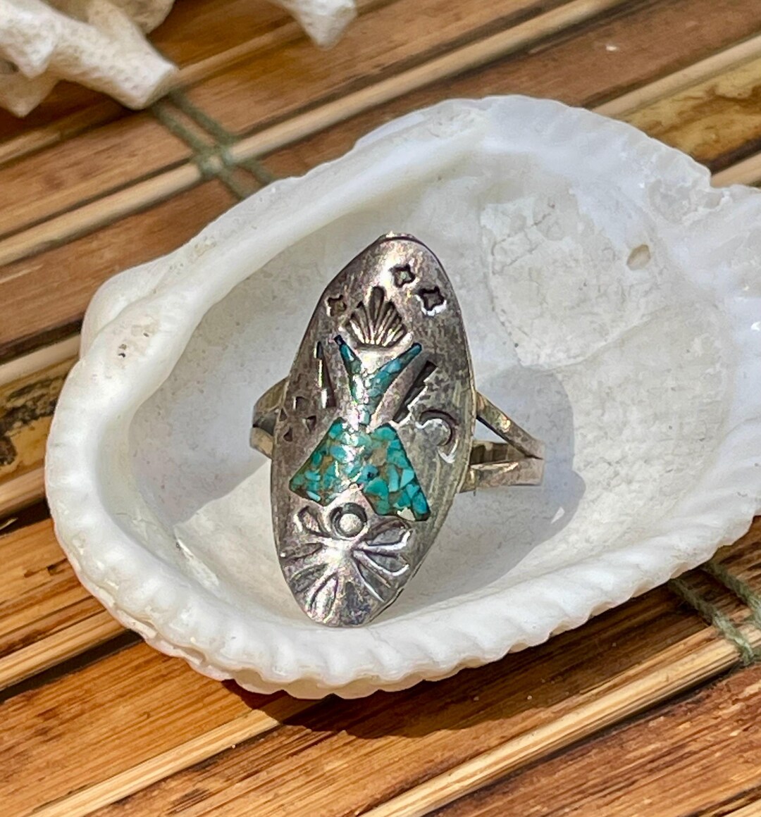Old Singer Crushed Chip Tipi Turquoise Navajo Native American Sterling ...