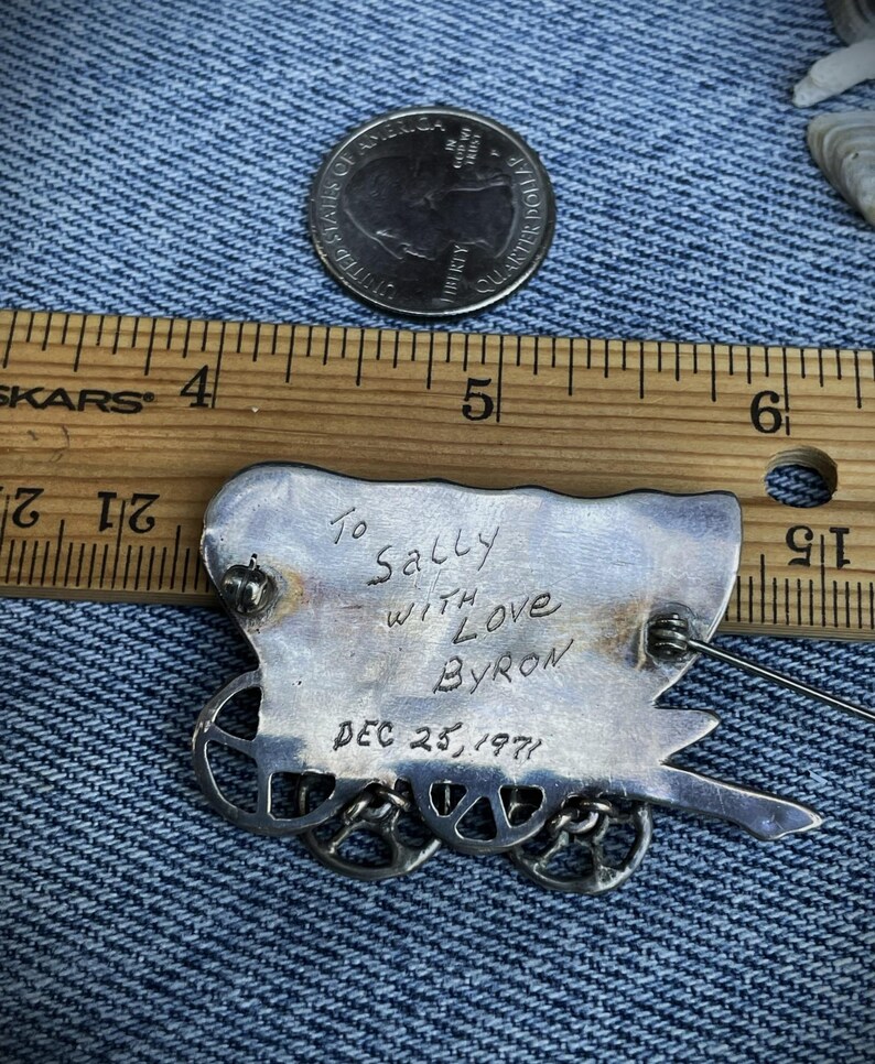 1971 Zuni Wagon W Xmas Inscription Brooch Pin Inlaid Sterling Native ...
