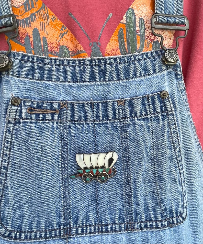 1971 Zuni Wagon W Xmas Inscription Brooch Pin Inlaid Sterling Native ...