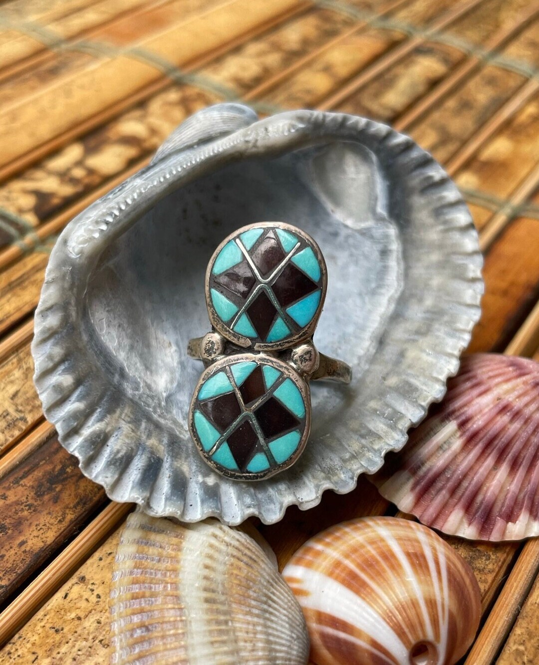 Navajo Inlay Traditional Blanket Pattern Sterling Ring Turquoise Onyx ...