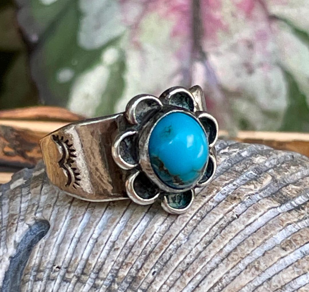 Hand Signed JAH Navajo Stamped Flower Turquoise Sterling Ring Sz 5 1/4 ...