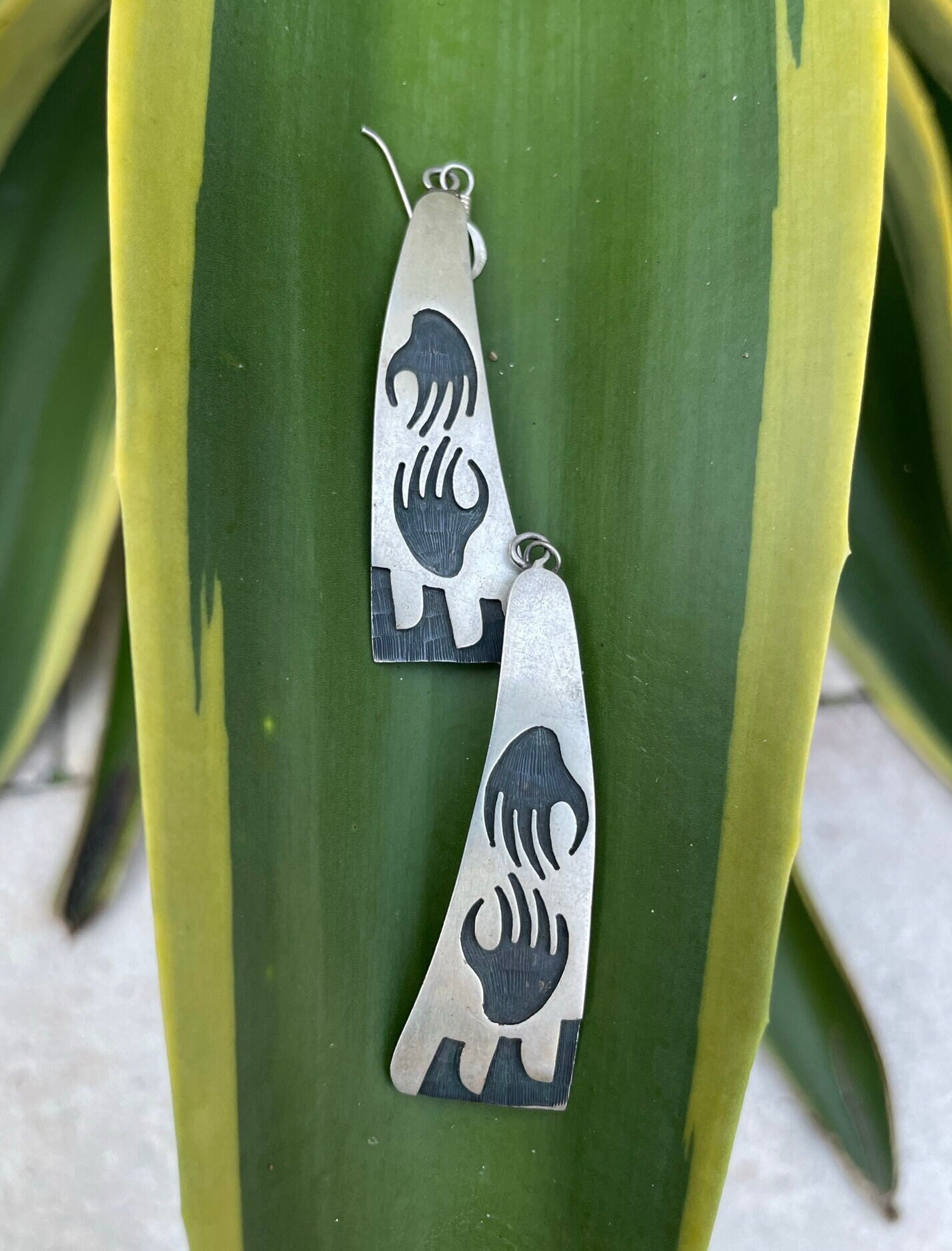 Long Hopi Overlay Earrings Puhuhefvaya Signed Sterling Bear Paw Vintage ...