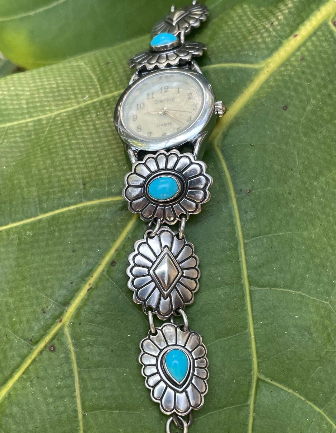 Concho Native American Turquoise Watch Sterling Bracelet 7-8 Adj ...