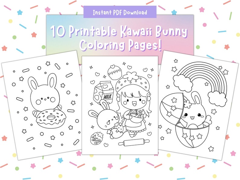 10 Printable Kawaii Bunny Coloring Pages, Coloring Page Pdf, Bunny ...