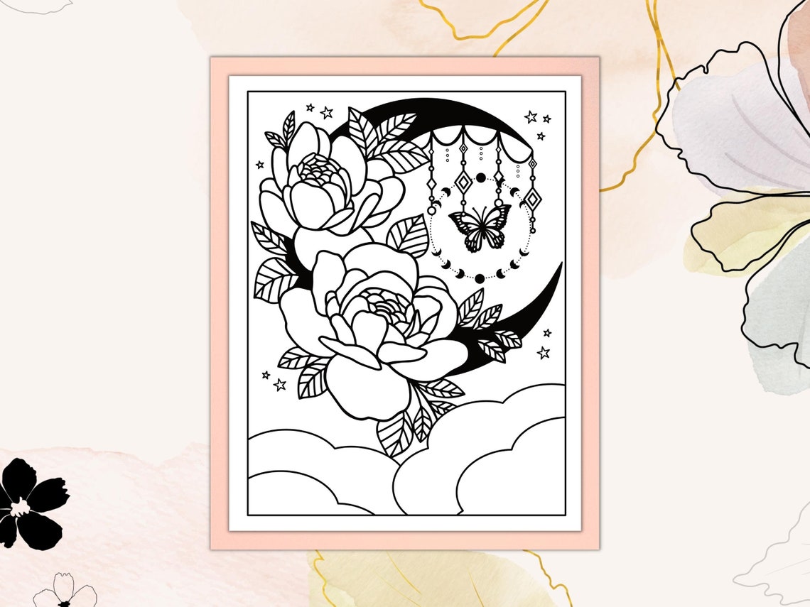 10 Floral Moon Printable Coloring Pages, Beautiful Coloring, Floral ...