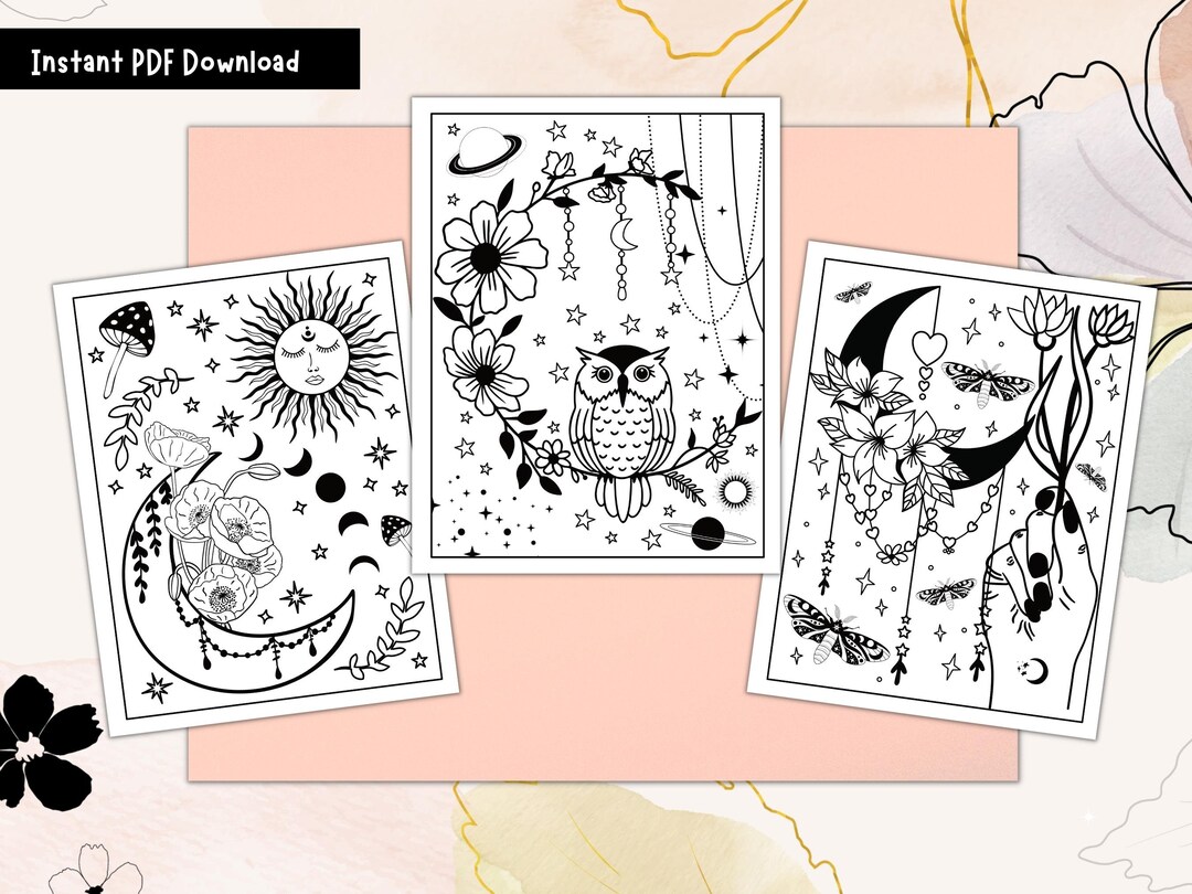 10 Floral Moon Printable Coloring Pages, Beautiful Coloring, Floral ...