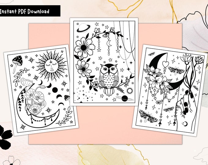 5 Printable Pages of Moons and Flowers for Coloring - Etsy Canada