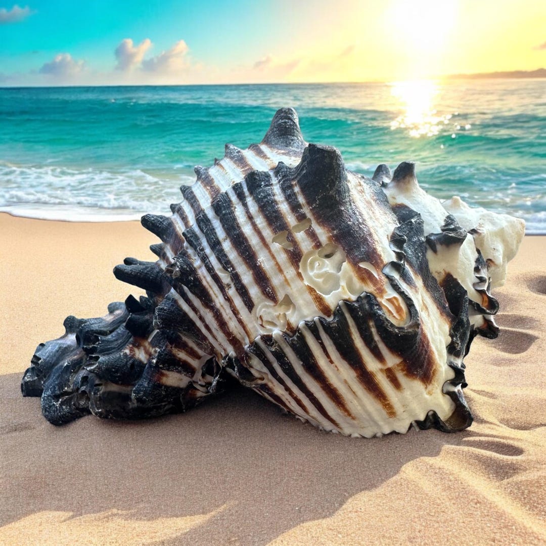 RARE LARGE CONCH Seashell Black White Spiky Real Natural Big Decorative ...