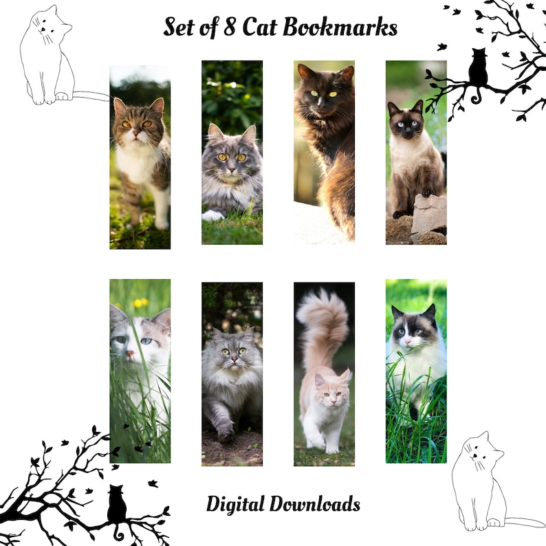 Set of 8 Cat Bookmarks, Digital Bookmarks to Dowload - Etsy
