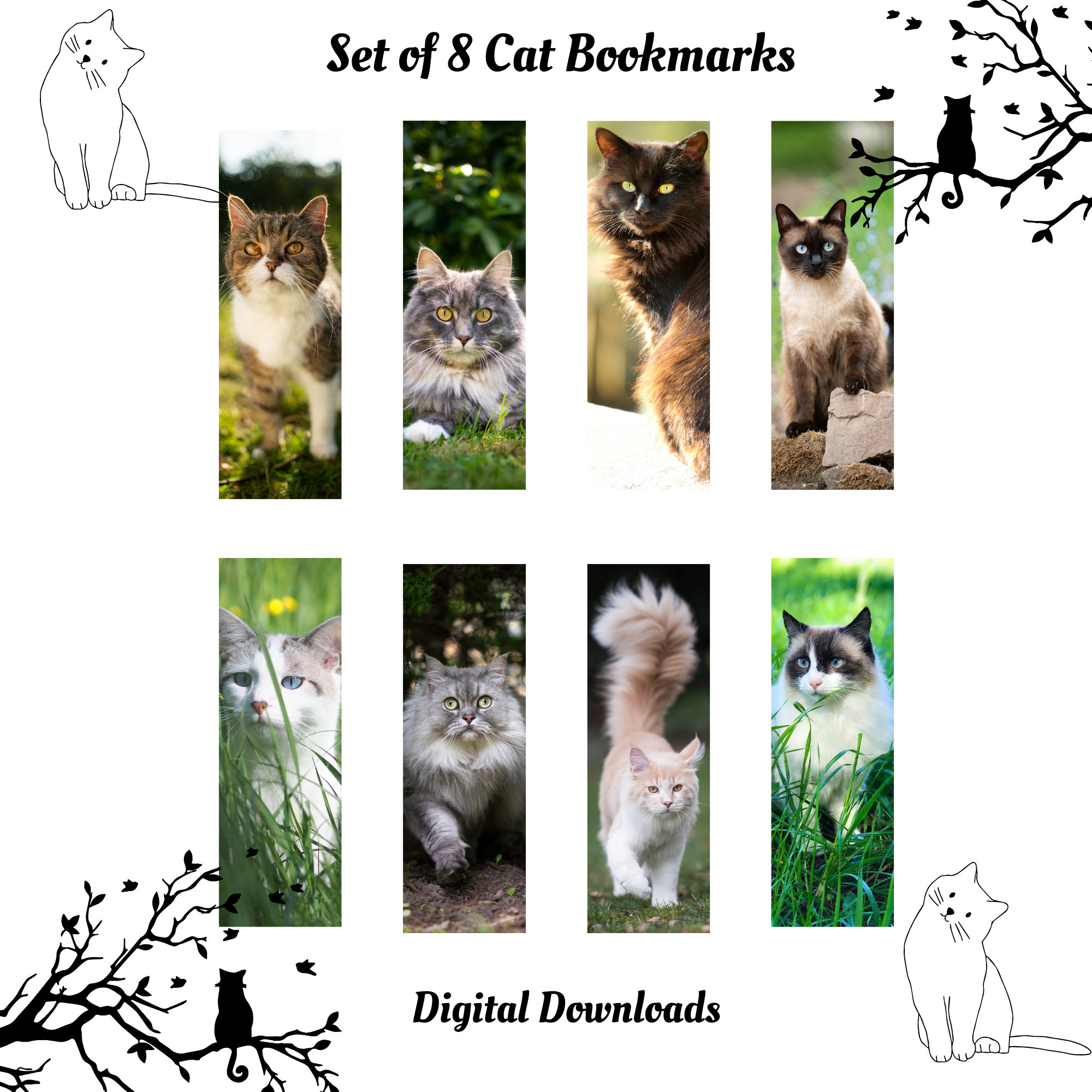 Set of 8 Cat Bookmarks, Digital Bookmarks to Dowload - Etsy