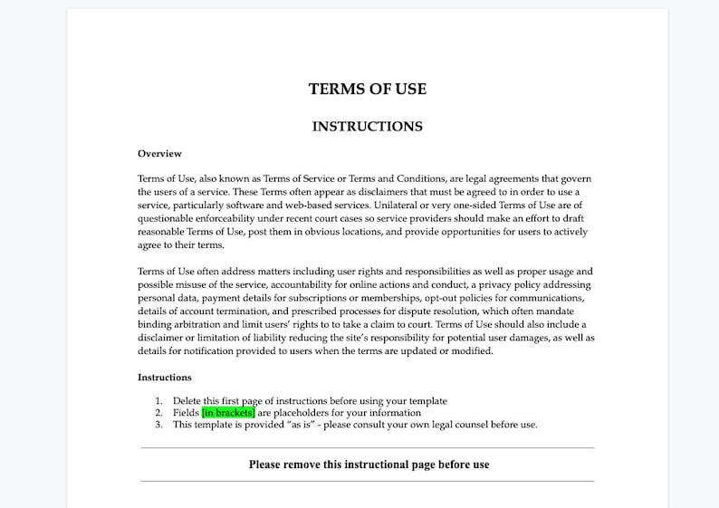 Terms & Conditions / Terms of Use Template Word - Etsy