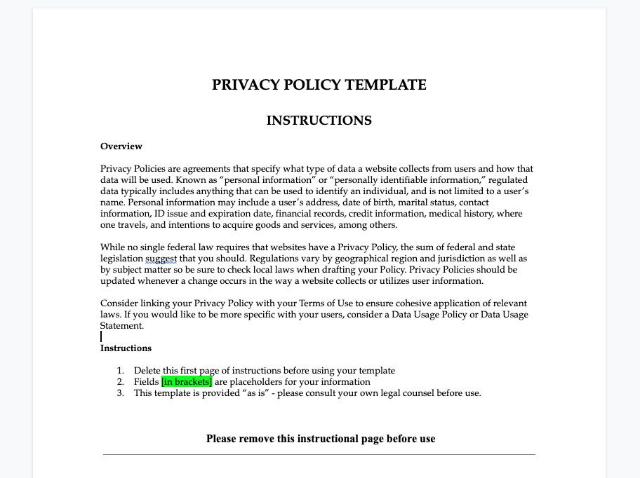 Privacy Policy Template for Basic Website With User-generated Content ...