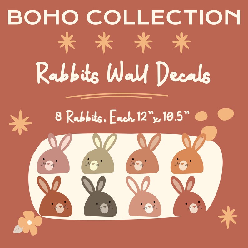 Boho Bunny Faces Wall Decals | 8 Cute Rabbit Head Stickers 12"x10.5 ...