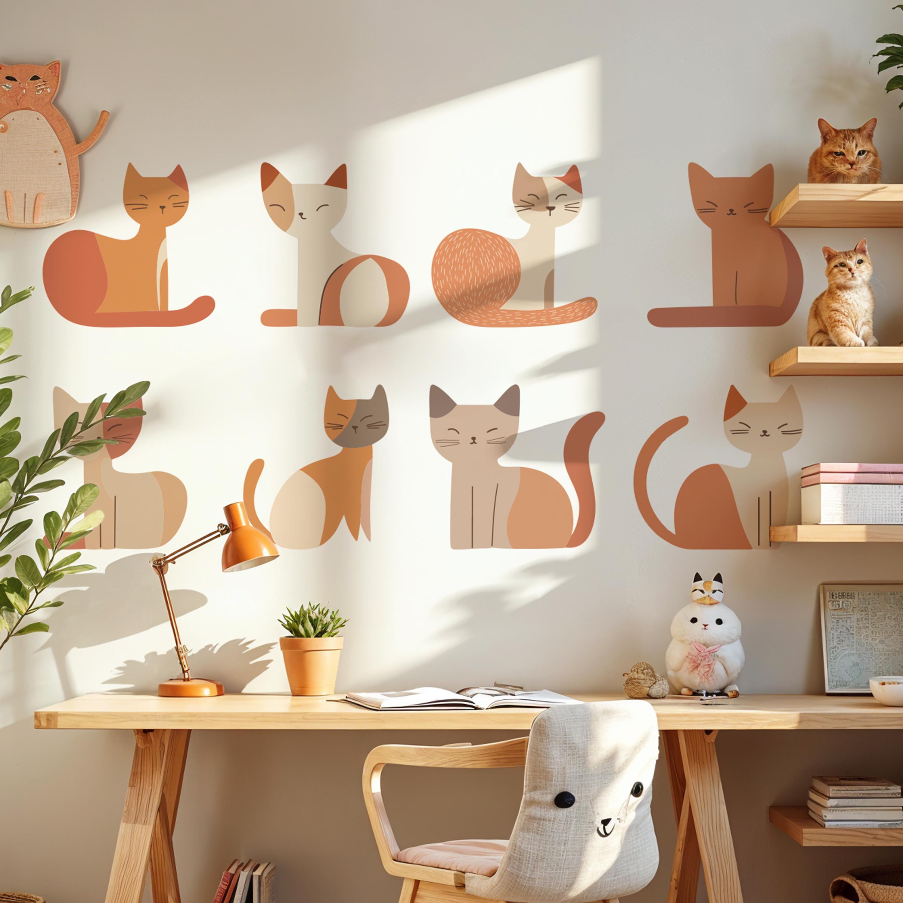 Bohemian Cat Wall Art Set | 8 Cute & Cozy Kitty Decals, 12" Boho ...