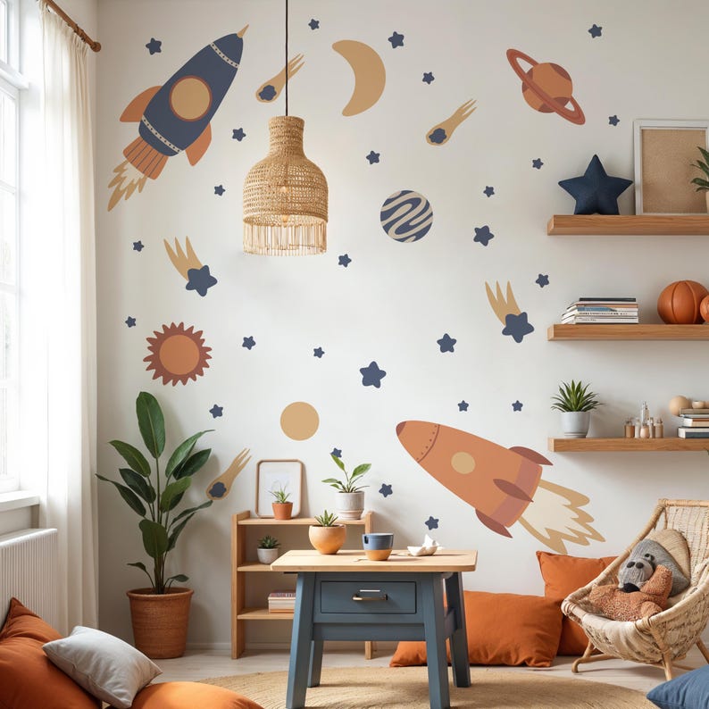 Boho Space Rocket & Planet Wall Decals | Kids Room Galaxy Stickers, 2 ...