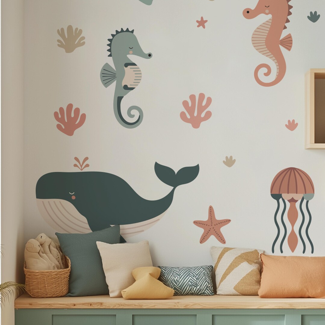 Boho Sea Life Wall Decals | Ocean Animals Stickers Whales Seahorse ...