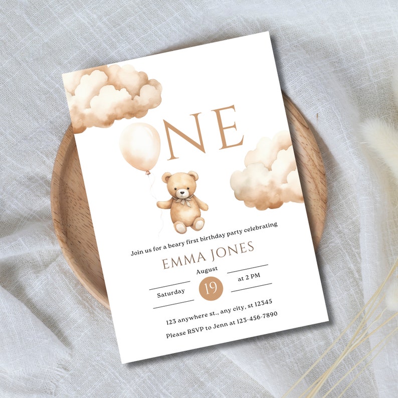 Editable Bear First Birthday Invitation, Printable Template, Instant ...