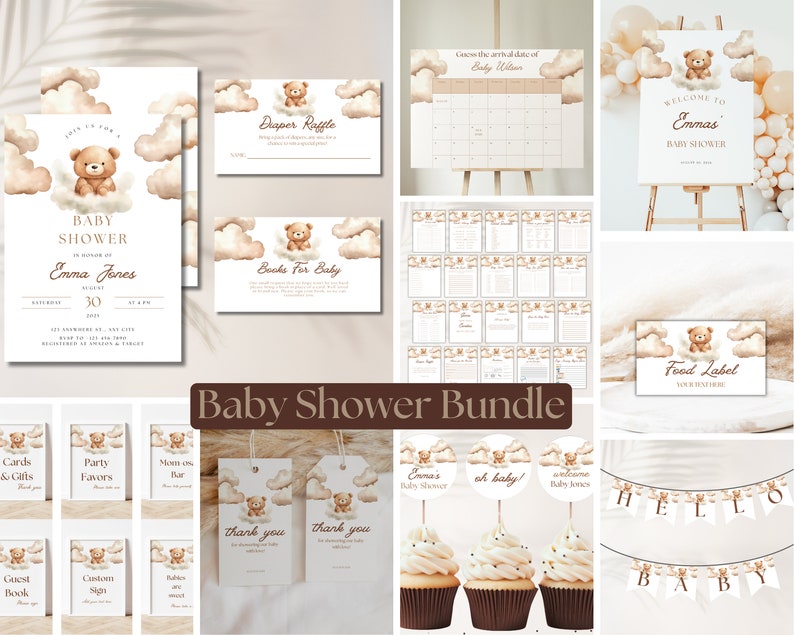 Editable Bear Baby Shower Mega Bundle, Gender Neutral Bear Baby Shower, DIY Baby Shower ...