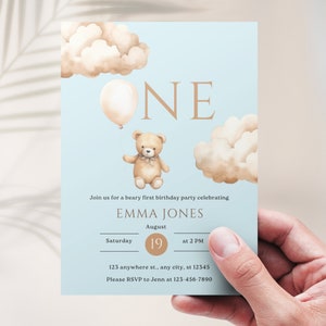 Editable Bear First Birthday Invitation, Printable Template, Instant ...
