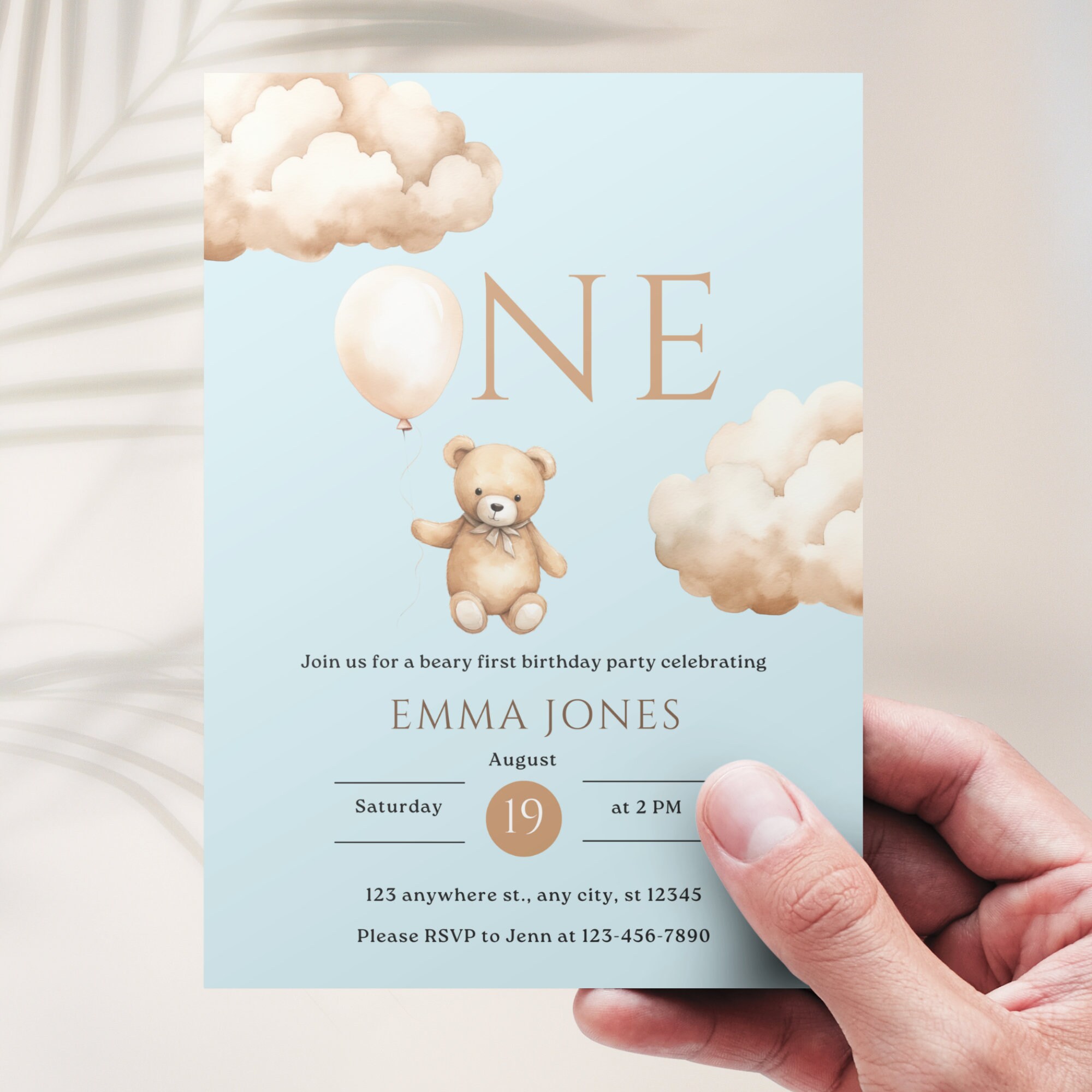 Editable Bear First Birthday Invitation, Printable Template, Instant ...