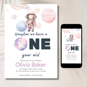 Editable Pink Space Themed First Birthday Invitation, Digital Download ...