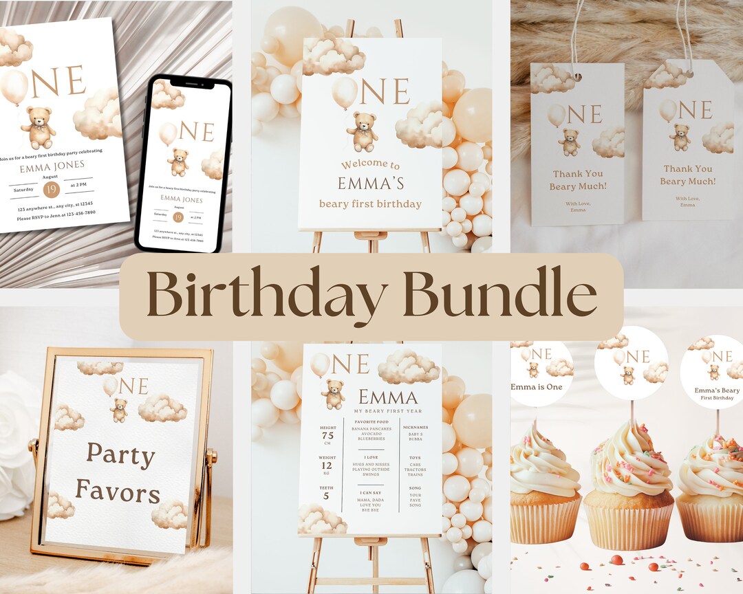 Bear-themed First Birthday Party Bundle | Editable on Canva | Digital ...
