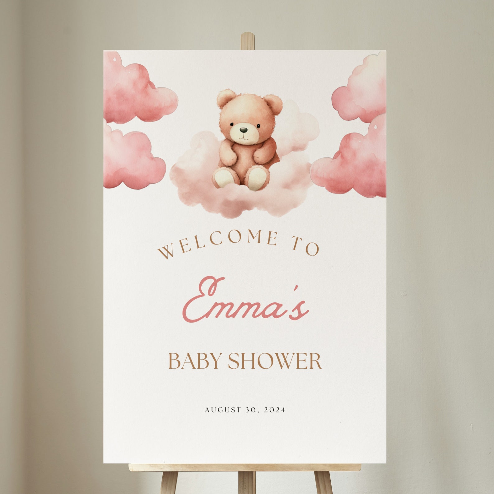 Editable Pink Bear Themed Baby Shower Welcome Sign, Neutral Digital ...
