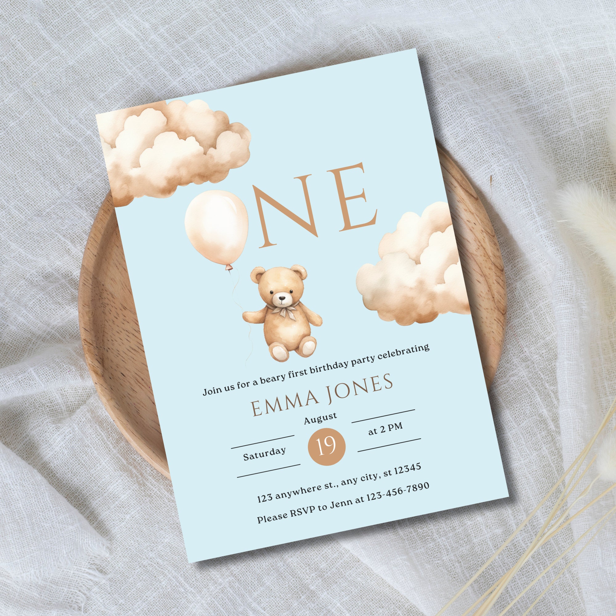 Editable Bear First Birthday Invitation, Printable Template, Instant ...