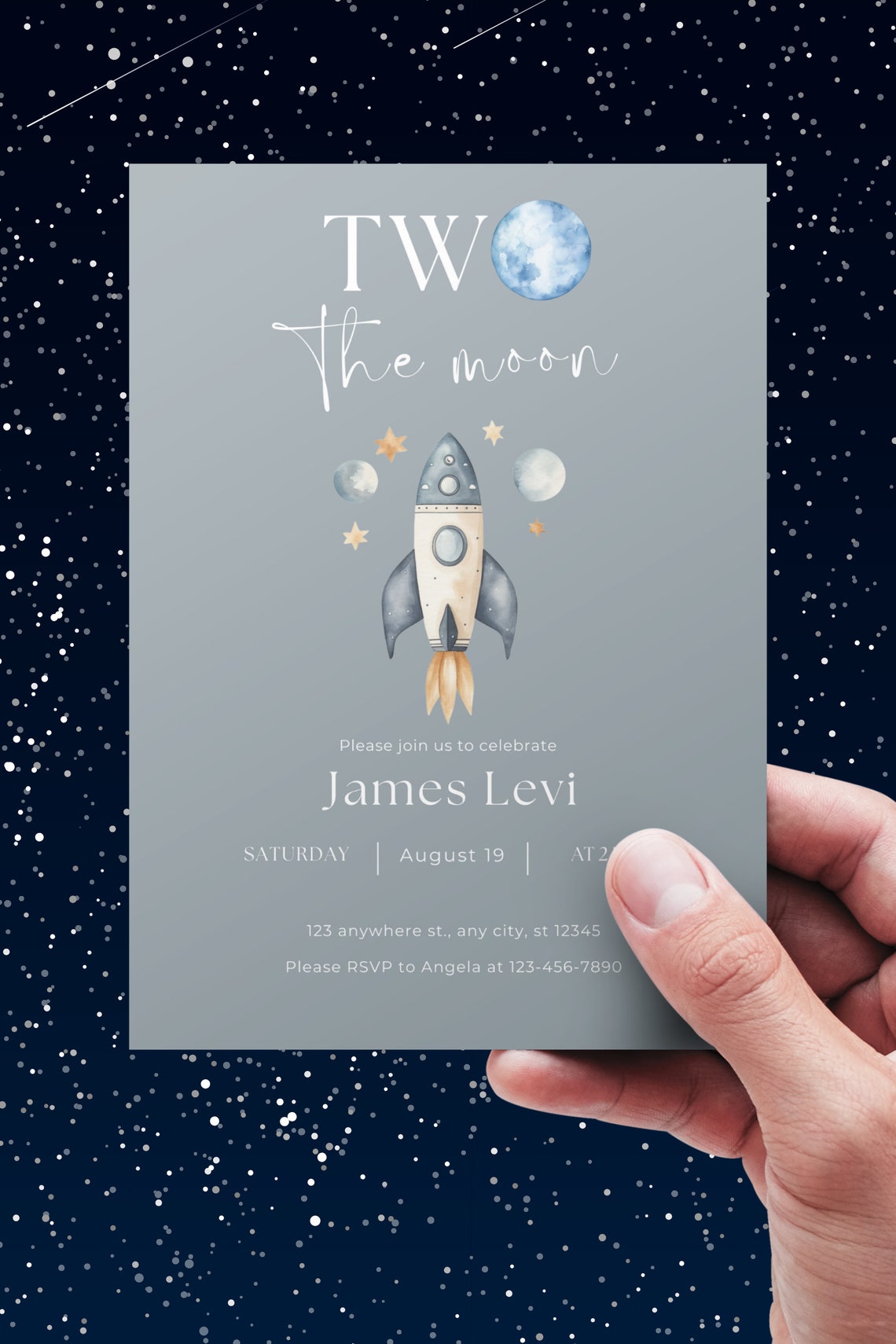 Two the Moon 2nd Birthday Invitation Space Themed Digital Download ...