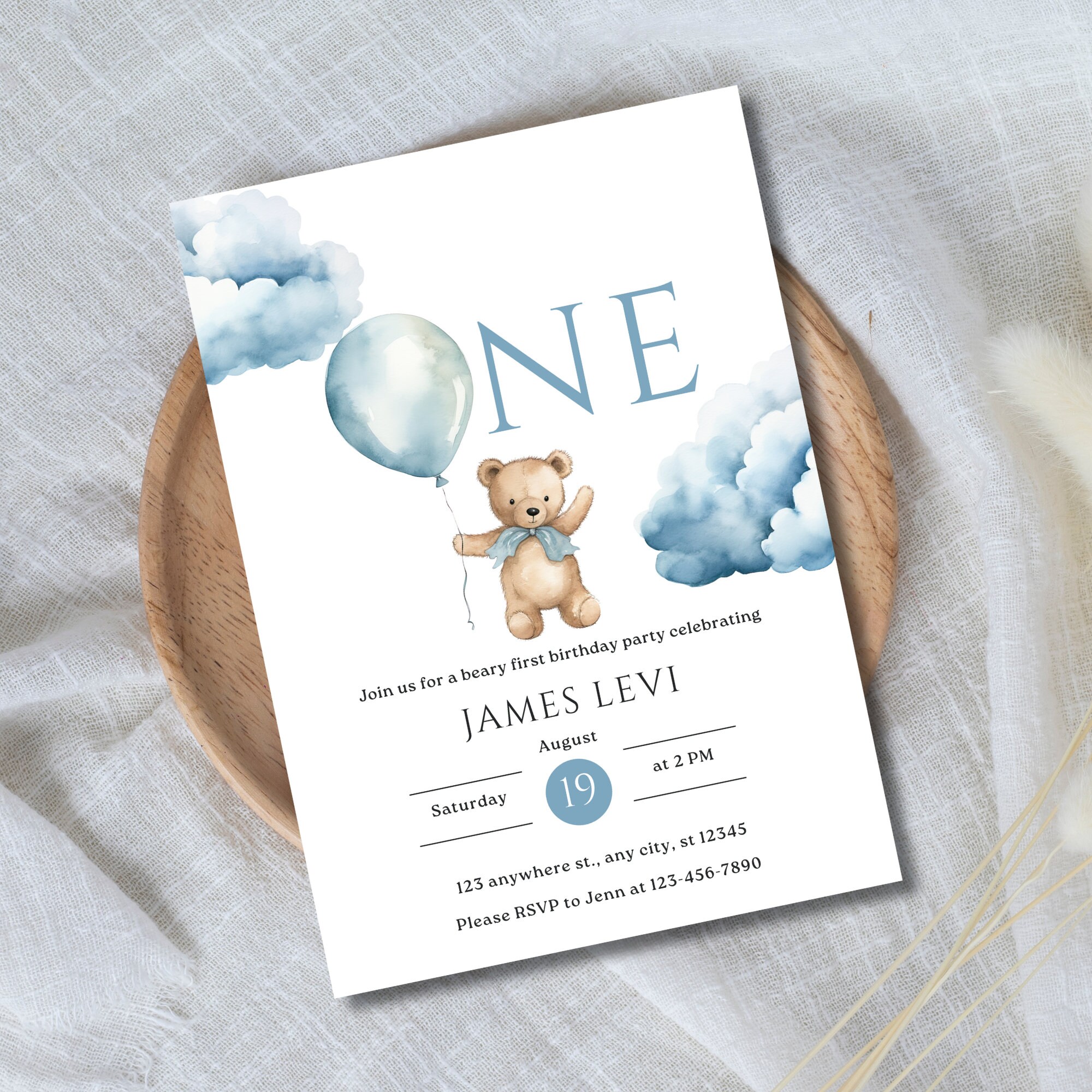 Editable Blue Bear First Birthday Invitation, Printable Template ...