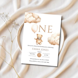 Editable Bear First Birthday Invitation, Printable Template, Instant ...