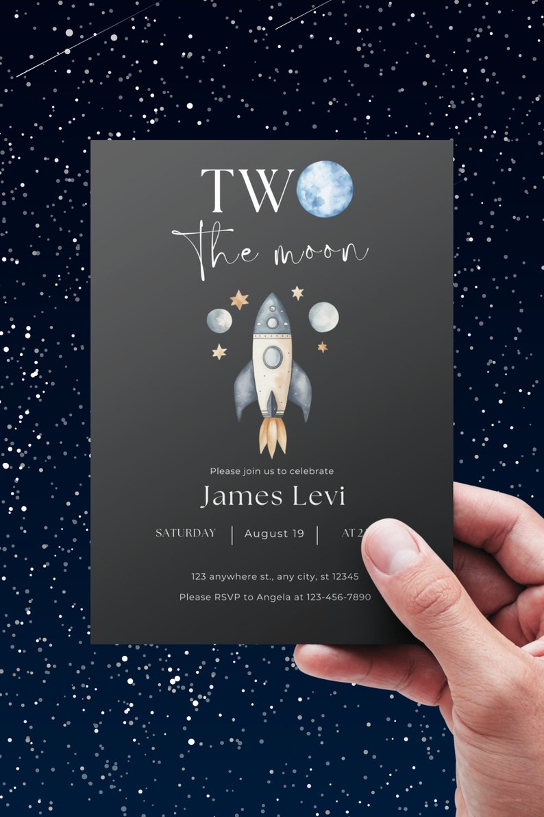 Two the Moon 2nd Birthday Invitation Space Themed Digital Download ...