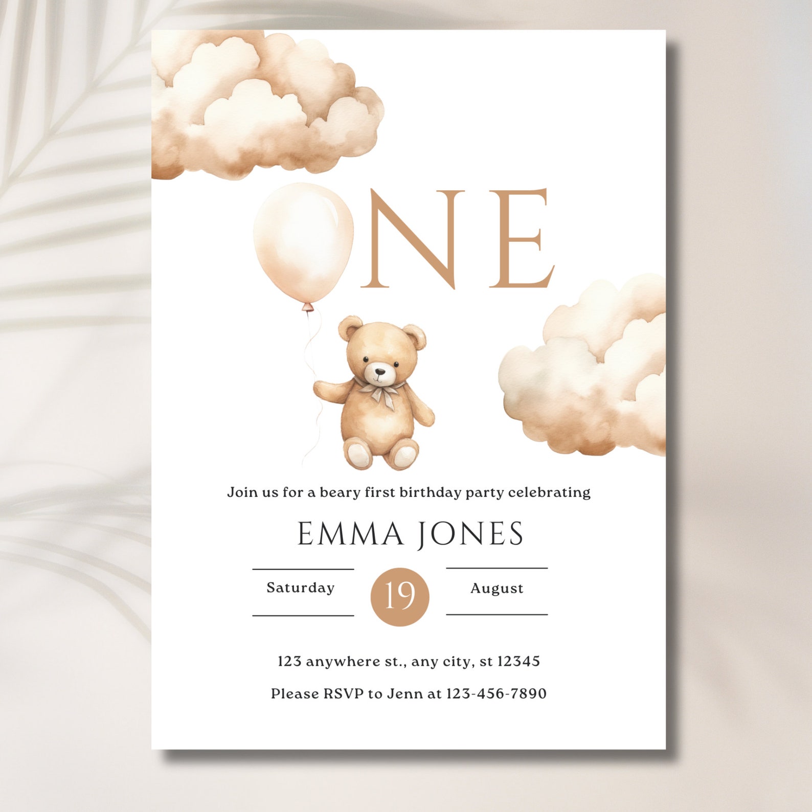 Editable Bear First Birthday Invitation, Printable Template, Instant ...