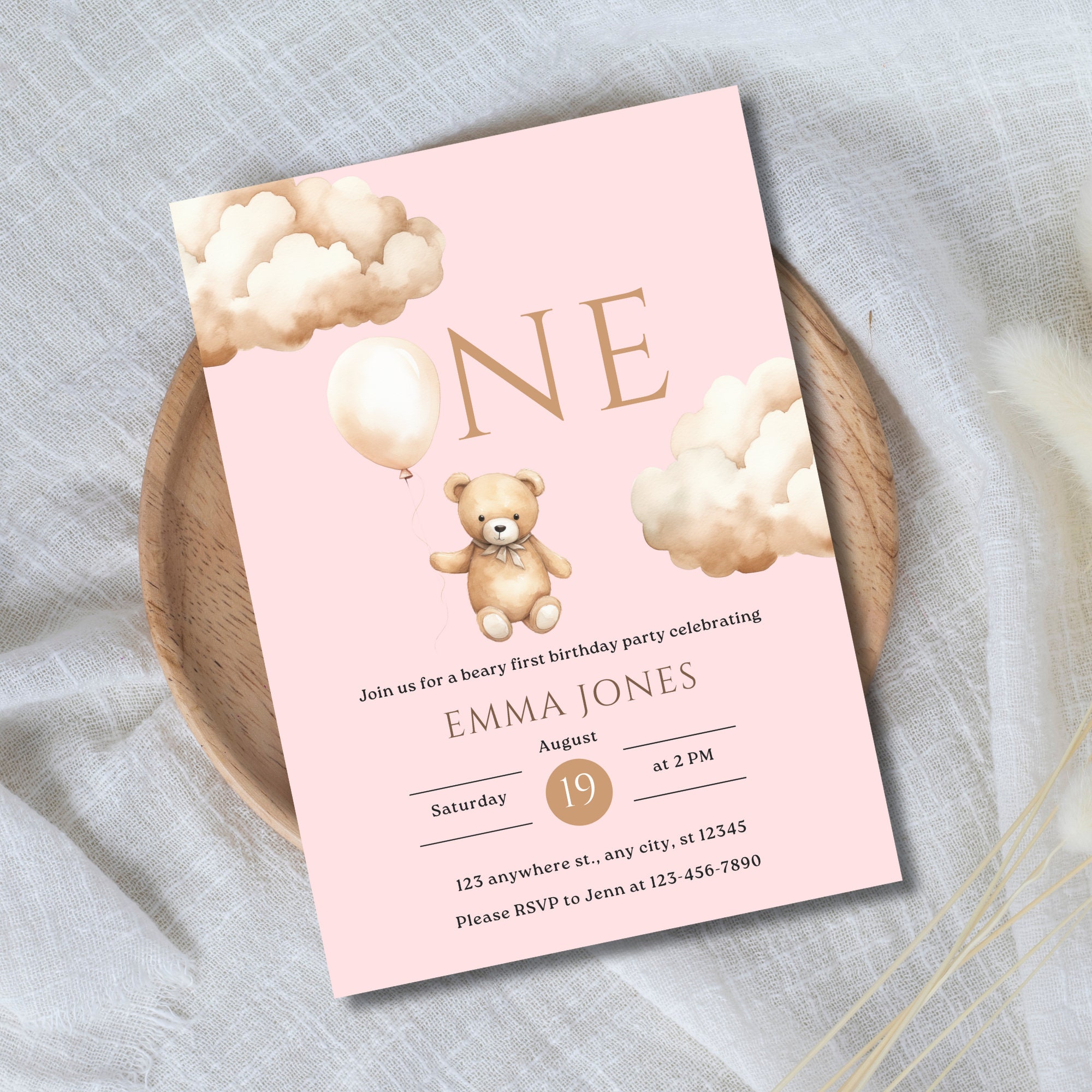 Editable Bear First Birthday Invitation, Printable Template, Instant ...