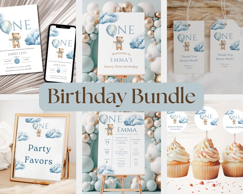 Bear-themed First Birthday Party Bundle Editable on Canva Digital ...